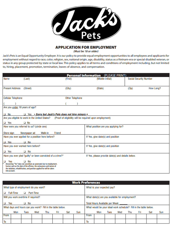 Jack’s Pets Job Application Form Jack’s Pets Job Application Form